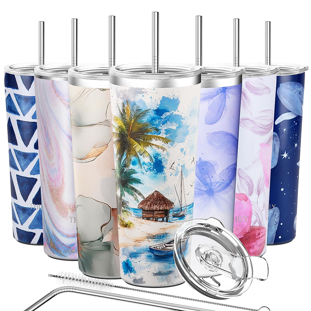 THILY Vacuum Insulated Stainless Steel Tumbler Travel Mug 26 oz Coffee Cup with 2 Lids and Straws, Splash Proof, Reusable, Keep Iced Drinks Cold, Coastal Breeze