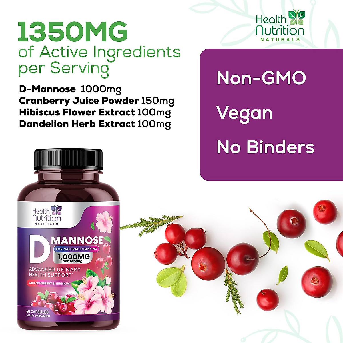 D-Mannose & Cranberry Extract 1350mg Advanced Formula, Fast-Acting Natural Urinary Tract Health Support for Women & Men, Flush Impurities in Urinary Tract & Bladder, Non-GMO, Vegan - 60 Capsules