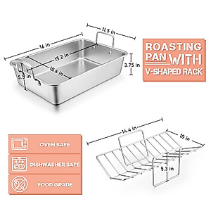 Leonyo Roasting Pan with V-shaped Rack, Stainless Steel Rectangular 16” Turkey Roaster Pan with Handles for Chicken Lasagna Vegetables Brownie, Non-stick Roasting Rack, Heavy Duty Dishwasher Safe