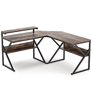 Tribesigns L Shaped Desk with Storage Shelves, 63 inch Industrial Corner Computer Desk with Monitor Stand, Study Writing Table Workstation for Home Office, Rustic Brown