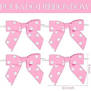 AIMUDI Baby Pink Polka Dot Ribbon Twist Tie Bows 3.5" Premade Dotted Grosgrain Ribbon Bows Pretied Bows for Treat Bags, Crafts, Gift Wrapping, Party Favors, Baby Shower, Cellophane Bag - 12 Counts
