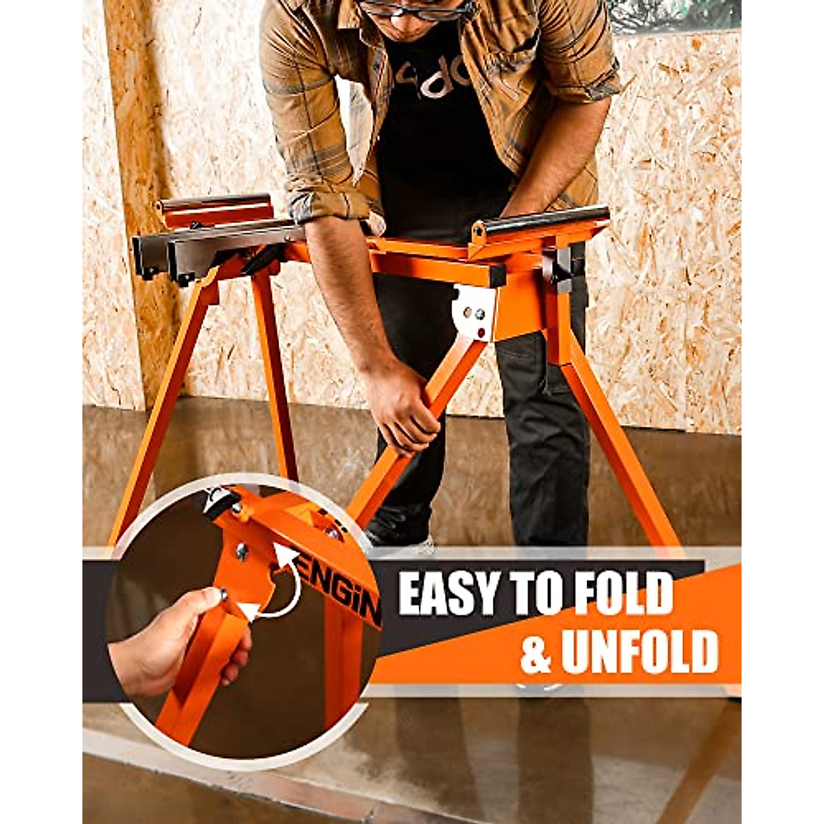 ENGiNDOT Miter Saw Stand with Durable Iron Skeleton frame, 21.6lbs Lightweight Saw Stand, 76-4/5'' Max Sliding Rail, Compatible & Portable, Quick to Install and Remove, Compatible with Most Brands