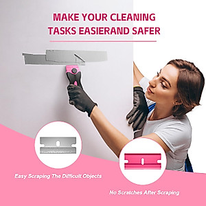 Ywmoml 3 Pack Razor Blade Scraper, Plastic Razor Blade Scraper, Scraper Tool with Extra 30 Plastic Razor Blades and 30 Metal Blades, Razor Scraper for Gum, Cooktop, Wallpaper or Glass Tool (Pink)