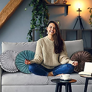 Aoruisen Grey Round Throw Pillows Velvet Round Pillow Cushion for Home Decoration Pleated Pumpkin Pillow for Home Decor Sofa and Car 13.8 inch