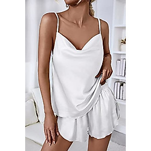 CHYRII Women's Sexy Silk Satin Cowl Neck Pajamas Sets Bridesmaid Pajamas Cami PJ Sets Lingerie White S