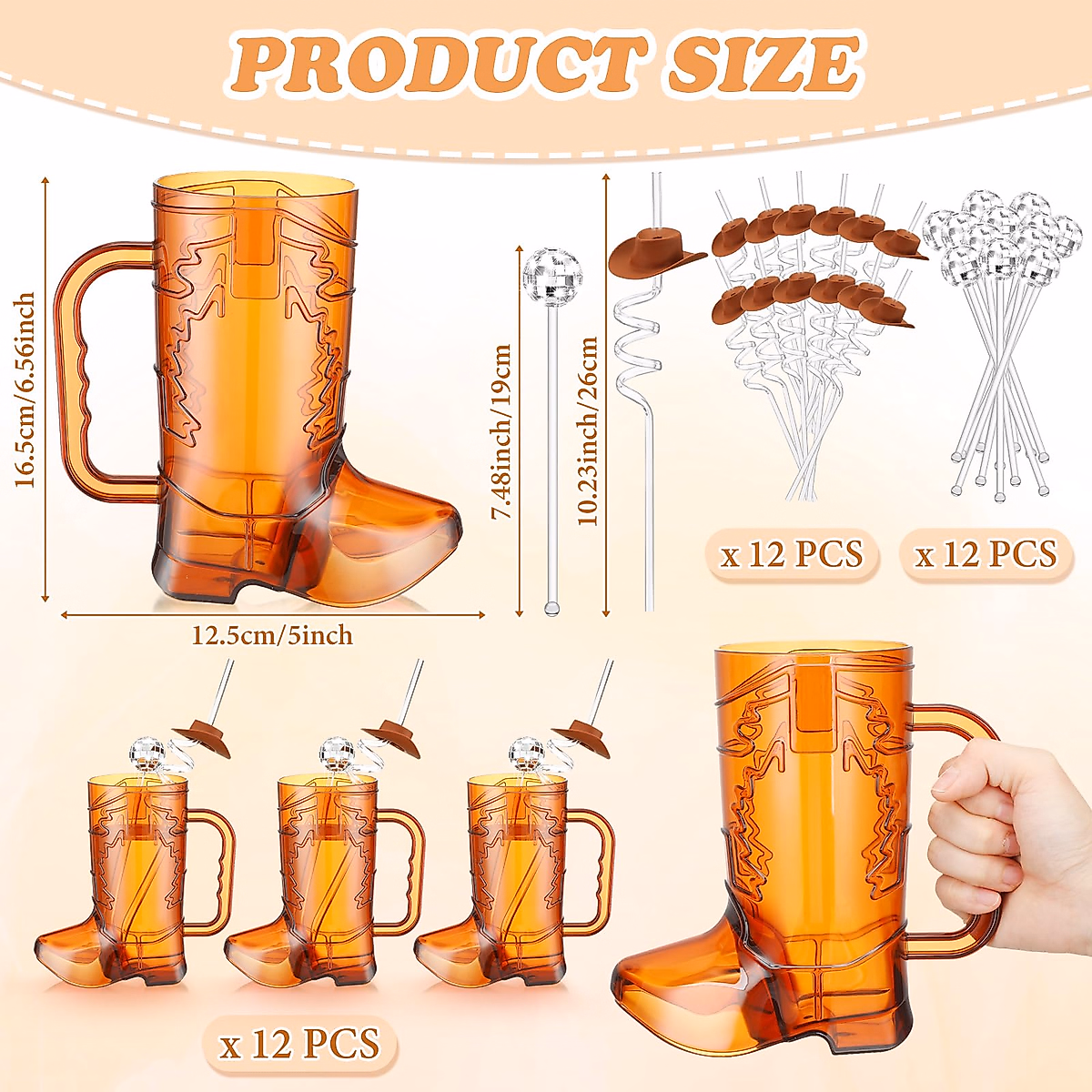 Ziliny 36 Sets 17 oz Cowgirl Boot Mug Cups including 12 Cowgirl Drink Mugs 12 Cowgirl Hat Straws 12 Mirror Disco Ball Stirrers for Western Theme Bachelorette Birthday Party Favors (Brown)