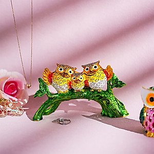 YU FENG 6.9inch Hand-painted Enamel Owl Family On Branch Figurine Trinket Box Collectible Hinged Jewelry Organizer Ring Earrings Storage Unique Home Decor Gift