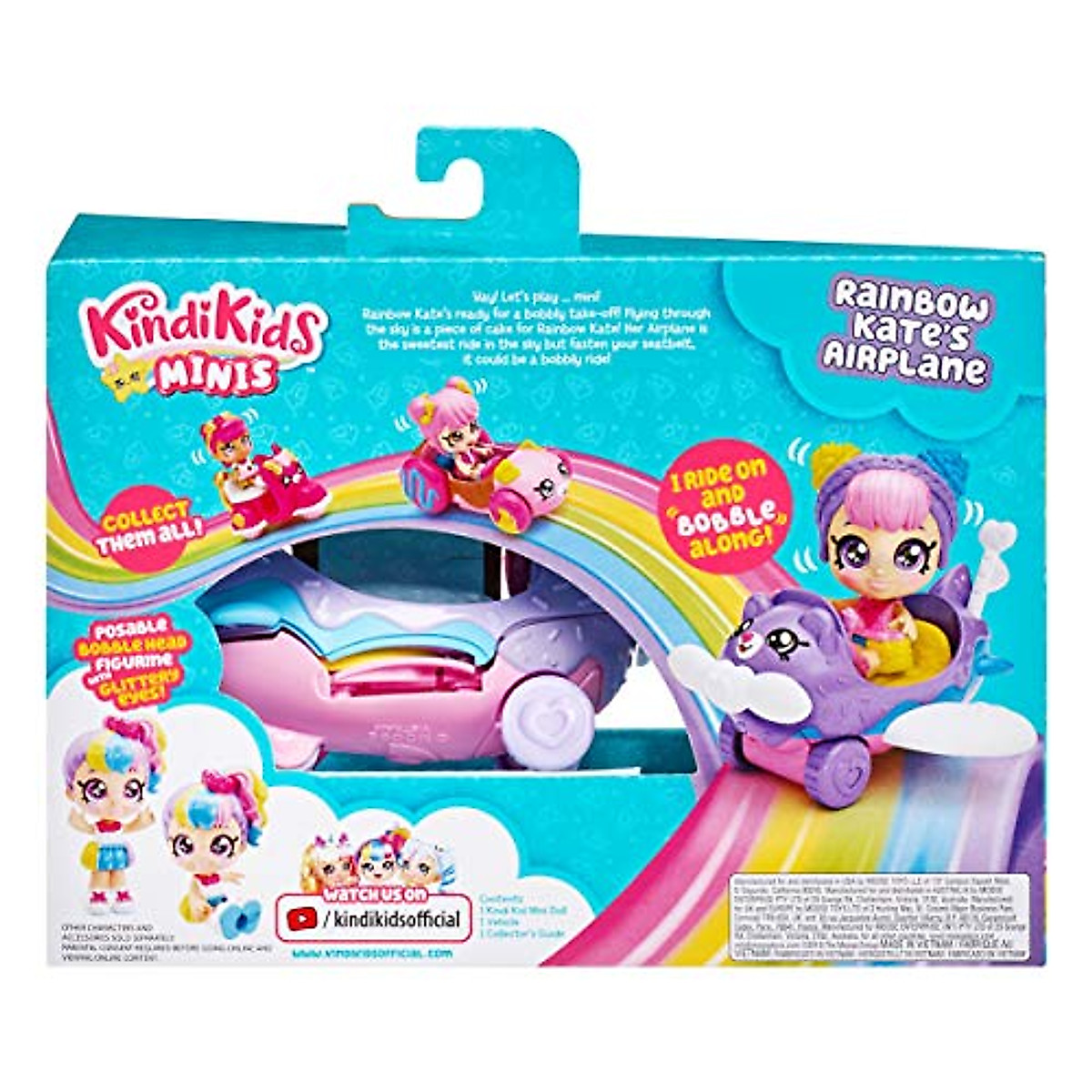 Kindi Kids Minis - Rainbow Kate's Airplane - Collectible Vehicle and Posable Bobble Head Figurine 2pc