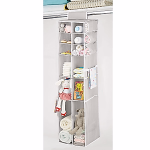 mDesign Long Fabric Hanging Organizer, Over Closet Rod Storage, 12 Shelves/Side Pockets for Nursery Bedroom Organization - Hold Clothes, Linens, Toys, Accessories - Jane Collection - Light Gray/White