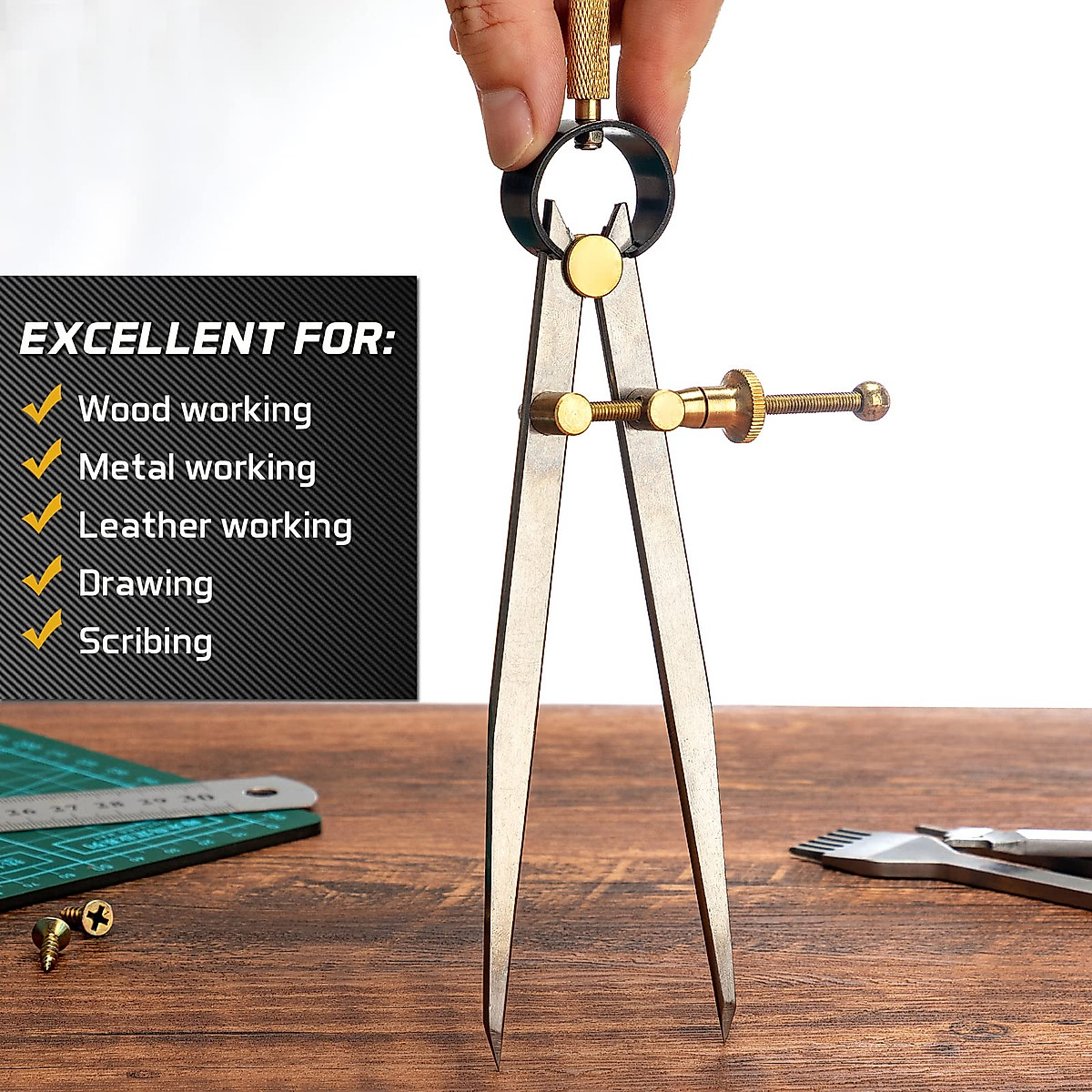 OSSIJAY 2 PCS Adjustable Lockable Spring Wing Divider Calipers, 6 Inch and 8 Inch Steel Leather Compass Creaser, Drafting Compass Tool for Woodworking, Metalworking, Geometry Drawing