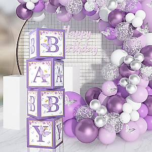 DataMoon Purple Butterfly Baby Shower Boxes Decorations - 4 Purple Balloons Boxes with BABY Letter, Printed Letters,First Birthday Centerpiece Decor, Baby Blocks for Girl, Gender Reveal Backdrop