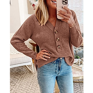 Womens Sweaters Long Sleeve V Neck Button Down Ribbed Knit Sweater Casual Relaxed Fit Pullover Jumper Tops Brown