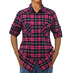 Match Womens Button Down Flannel Plaid Shirts roll up Long Sleeve Shackets Business Blouse Top (Small, Checks#8)