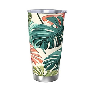 AYCZN Red Green Palm Leaves 20 OZ Tumbler Stainless Steel Travel Coffee Mug, Tropical Jungle Insulated Water Bottle with Lid and 2 StrawsLeakproof Thermal Cup