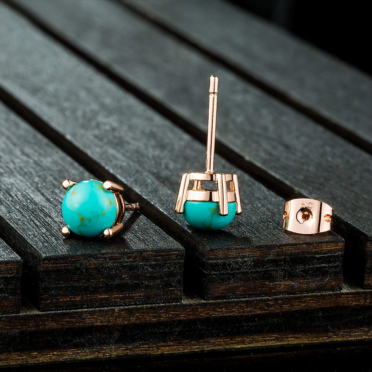 Turquoise Stud Earrings for Women Men 18k Rose Gold Plated 7mm Round Birthstone Earrings as Gift for Women