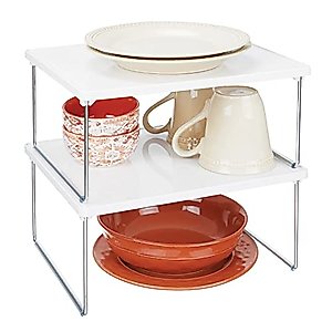 mDesign Metal Stacking Storage Organization for Shelves Inside Cabinets in Kitchen, Pantry, Cupboard, or Fridge/Freezer - Organizer Stand for Food, Plates, Bowls, Mugs, Ligne Collection, 2 Pack, White