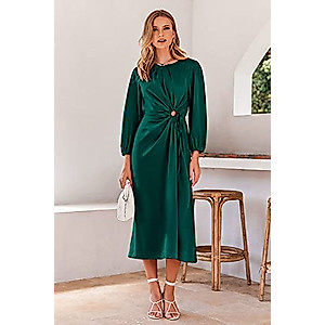 PRETTYGARDEN Women's 2023 Satin Maxi Dress Puff Long Sleeve Crewneck Cutout Casual A-line Long Flowy Dresses (Dark Green,X-Large)
