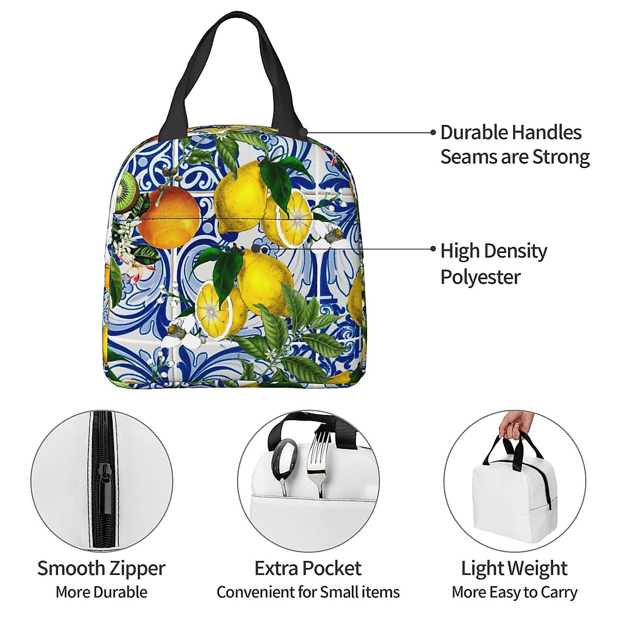 Larklitz Mediterranean Lemon On Blue Ceramic Tiles Reusable Insulated Lunch Bag for Women and Men, 8.5"x8"x5"/22x20x13 cm, Polyester