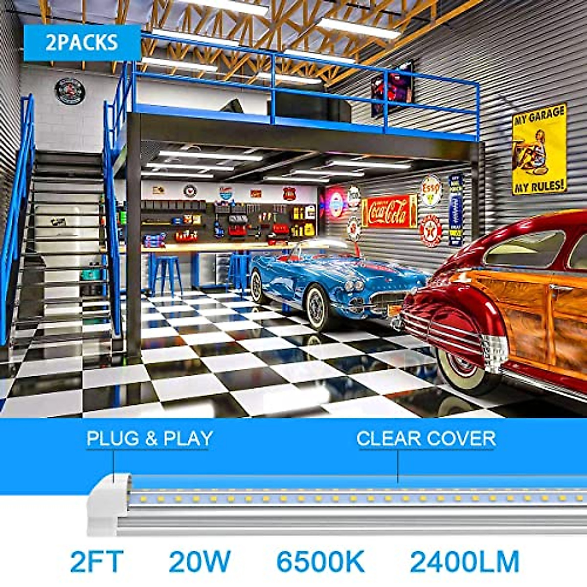 CNSUNWAY 2FT LED Shop Light, 20W 2500LM 6500K Super Bright, T8 LED Light Fixture, Clear Cover, Ceiling and Utility, V Shape, Linkable Tube Lights for Room, Garage, Workbench (2 Pack)