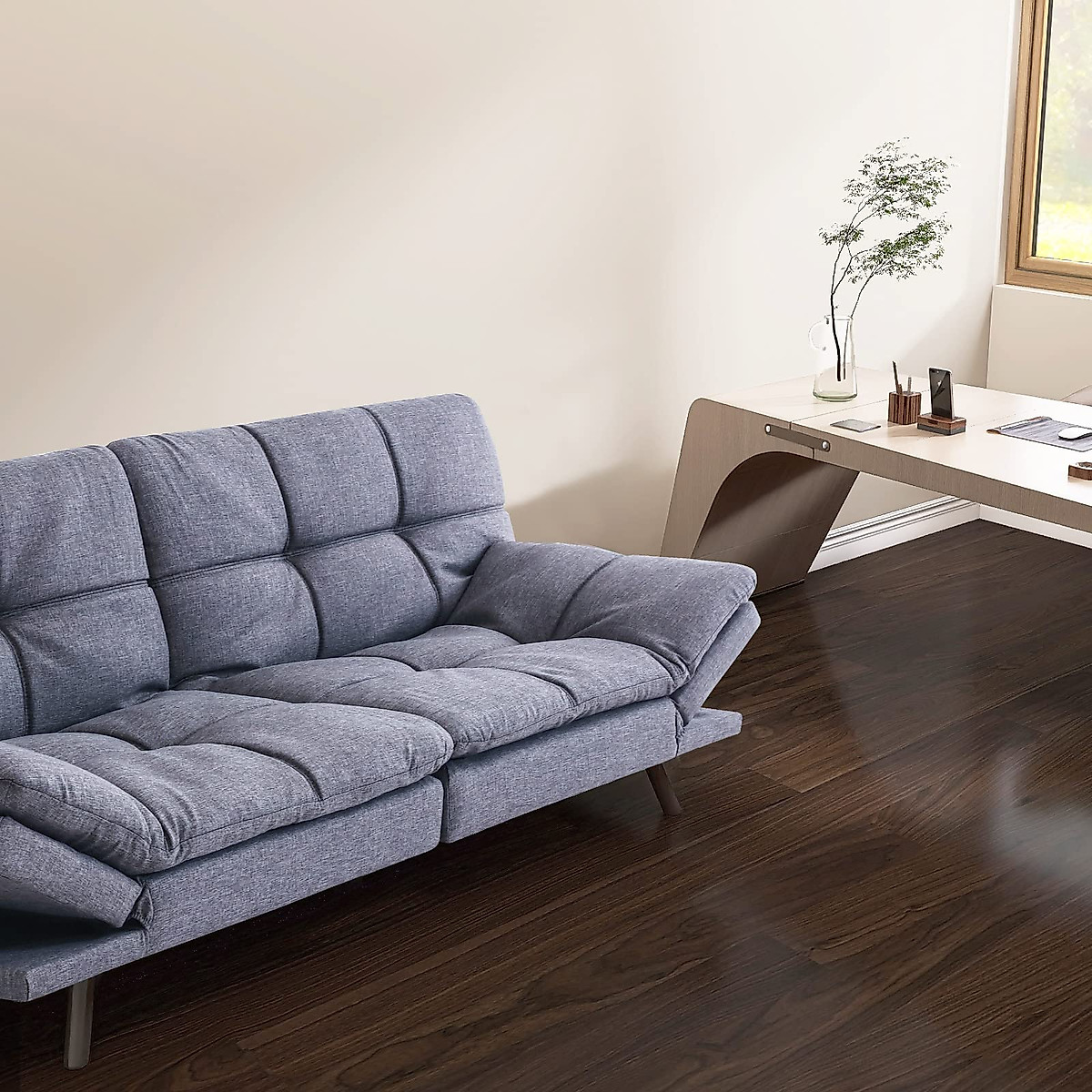 Hcore Convertible Bed Grey Fabric Memory Foam Loveseat Futons Couch,Small Euro Lounger Sofa for Compact Living Spaces,Apartment,Dorm,Studio,Guest Room, Home Office, Flax Gray