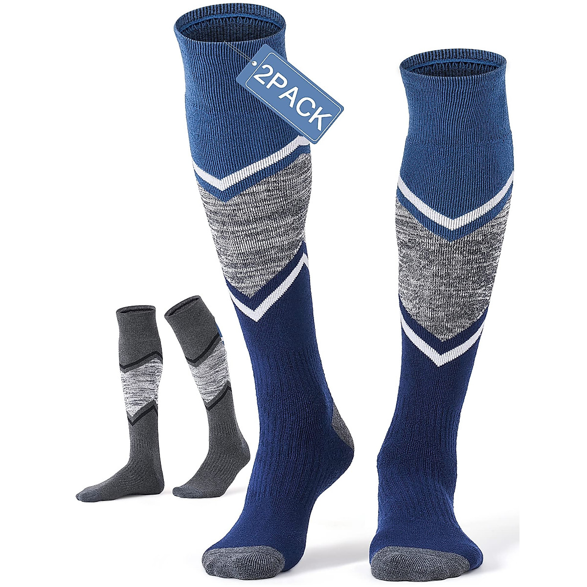 FITRELL 2 Pack Men's and Women's Ski Socks Full Cushioned Winter Merino Wool Thermal Knee High Warm Boot Socks for Skiing Snowboarding, Grey+Blue, X-Large