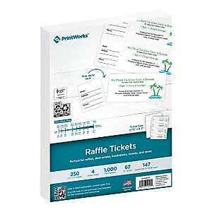 PrintWorks Raffle Tickets, Perforated Cardstock for Tickets with Tear-Away Stubs, 8.5 x 11, 67lb/147gsm, 4 Tickets Per Sheet, 250 Sheets, 1000 Tickets Total, White (04295) (2.75 x 8.5)