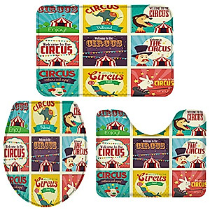 Bathroom Rugs, Memory Foam Bath Mat Bathroom Set, Cartoon Circus Bath Rugs Bathroom Accessories, Home Decor Non-Slip Absorbent Soft Bath Mats for Bathroom, Tub, 3 Pieces