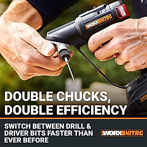 Worx Nitro 20V SwitchDriver 2.0, 2-in-1 Brushless Cordless Drill Driver, Drill Set Rotatable Dual 1/4" Chucks, Compact Cordless Drill with Digital Torque Setting WX177L – (Battery & Charger Included)