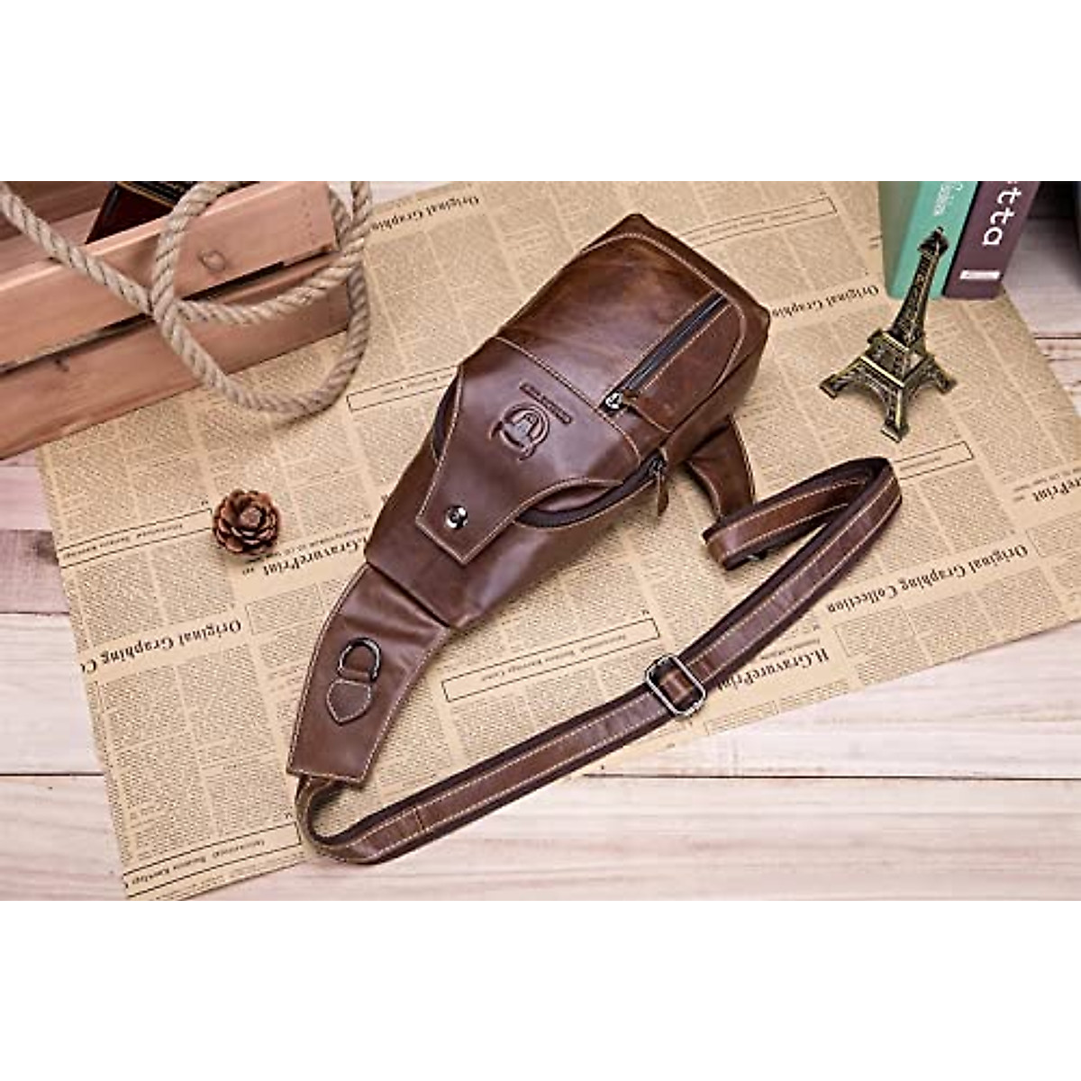 BULLCAPTAIN Men Leather Sling Chest Bag Outdoor Travel Shoulder Crossbody Bags Hiking Small Backpack (Brown)