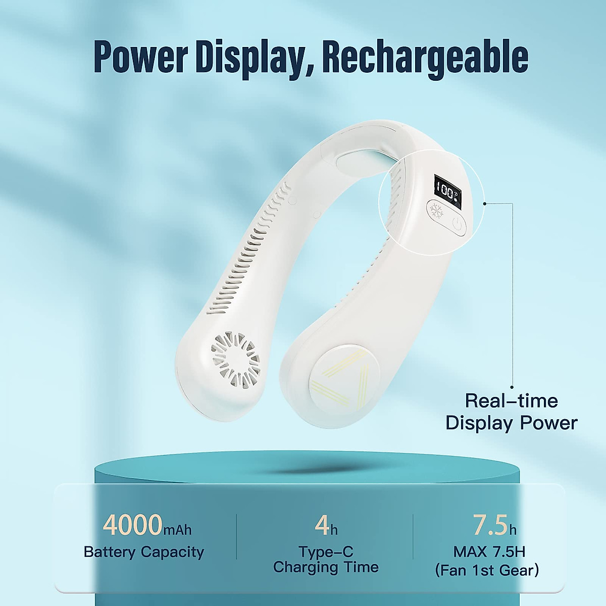 Dytecue Neck Fan Portable, Wearable Neck AC Air Conditioner Fan Built-in Refrigerating Chip, Personal Cooling Device Neck Cooler with 4000 Mah Rechargeable Hands Free 3-Speeds Fan for Outdoor Travel