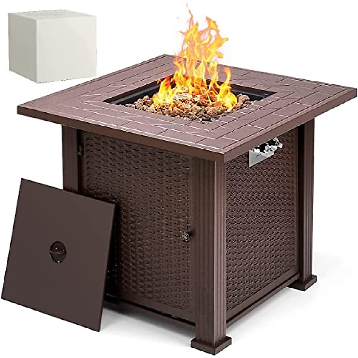 SINGLYFIRE 28 Inch Propane Fire Pit Table Square 2 in 1 Fire Table 50,000 BTU with Cover, Lid and 6.6lbs Lava Rock,Gas Fire Pit Table for Outside Patio, Garden, Backyard, Deck, Brown (SGFP-001C)