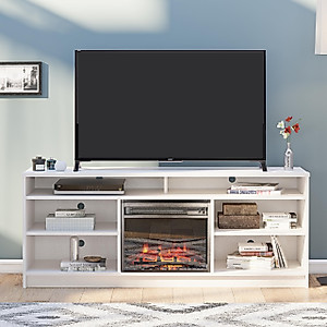 Ameriwood Home Hendrix 65" TV Stand with Electric Fireplace Insert and 6 Shelves, Ivory Oak