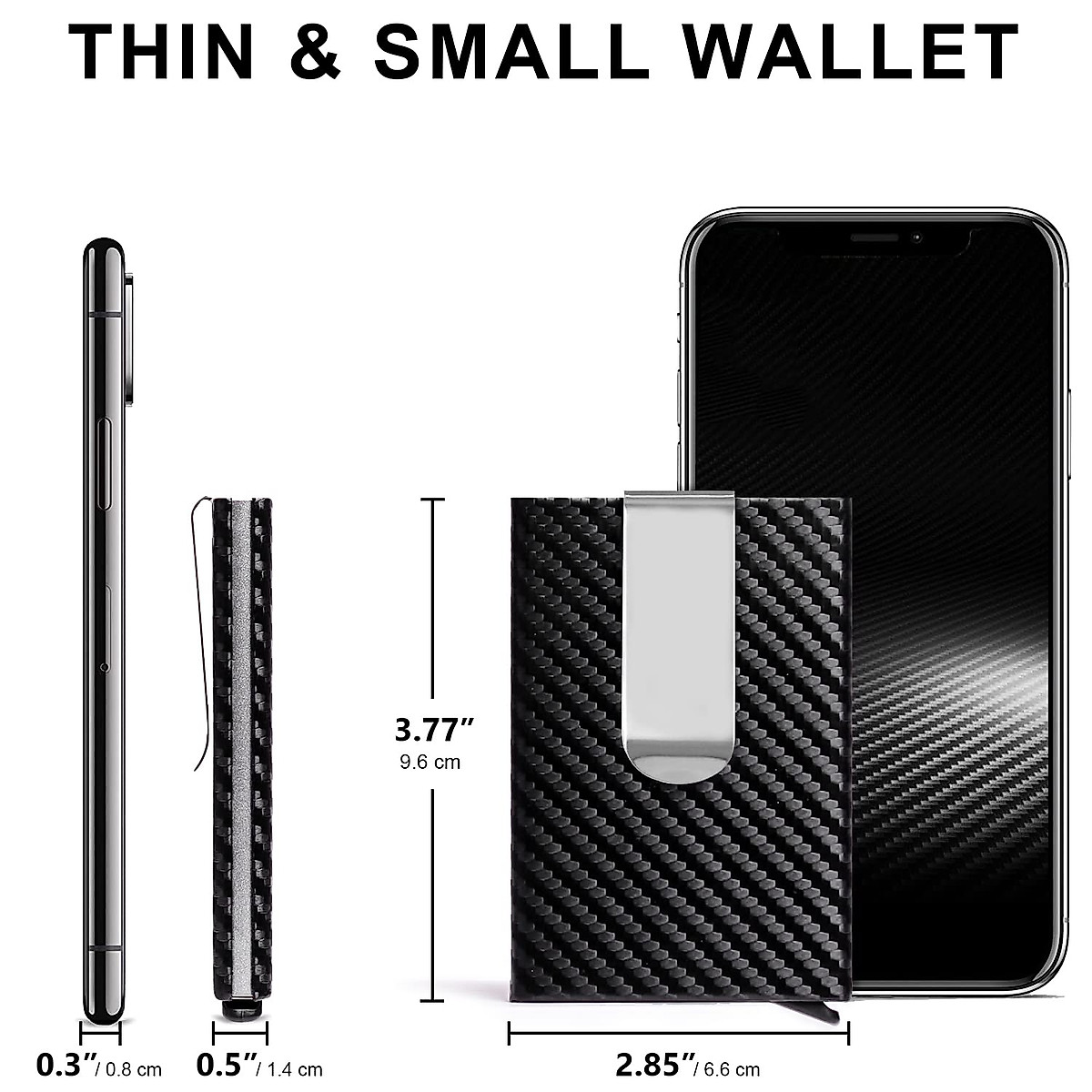 SLUKULU Slim Wallet for Men with Money Clip and Credit Card Holder, RFID Blocking Carbon Fiber Wallet,Minimalist Pop-Up Metal Front Pocket Wallet. (Black)