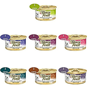 Fancy Feast Grilled Wet Canned Food Bundle, Variety Pack: 07 Flavors(02each) Pack of 14 cans.Plus Mouse Toy and Booklet