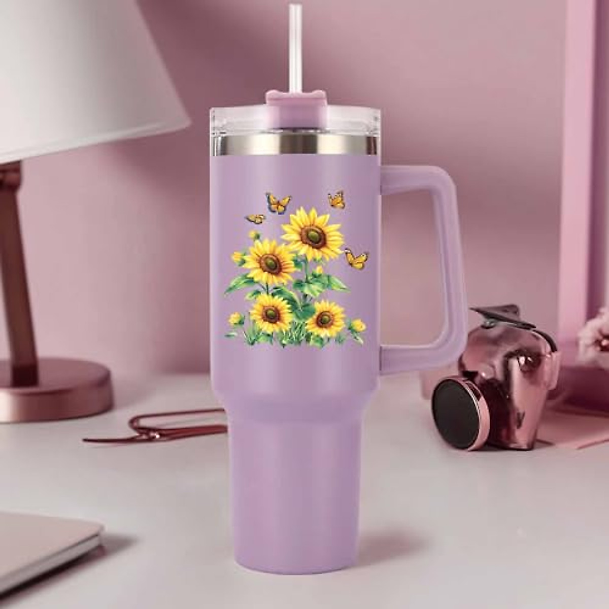 LB LEOBON 40 ounce insulated cup with handle, double-layer vacuum stainless steel material, equipped with straw, can keep warm or maintain cold drinks Spring Sunflower Butterfly Fragrant taro purple