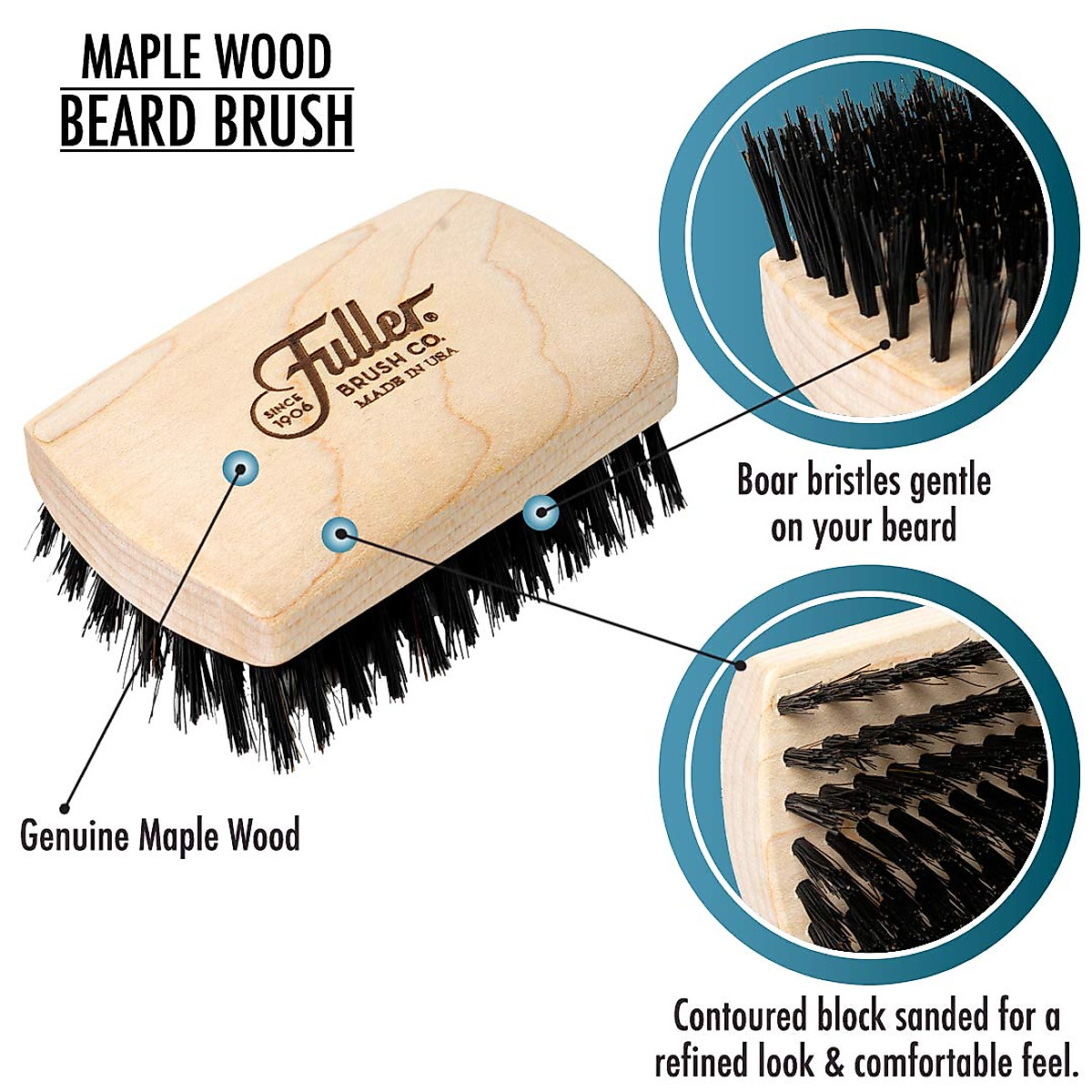 Fuller Brush Hair & Beard Brush - Wooden Pocket Hairbrush & Detangler w/ Firm Boar Bristles For Beards - Barber's Grooming & Hair Styling Straightener For Bearded Men