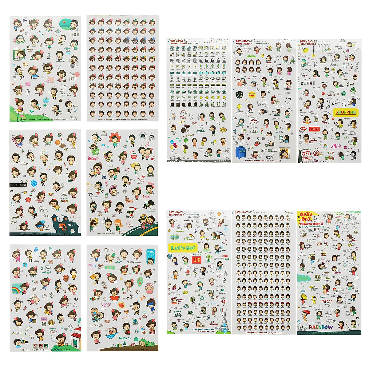 12 Sheets Happy Girl DIY Scrapbook Sticker, Kawaii Cartoon Korean Planner Stickers Set for Diary,Book,Phone and Photo Album
