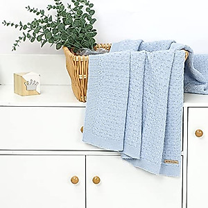 LAWKUL Cable Knit Baby Blanket 100% Cotton Blue Receiving Infant Swaddle Nursery Blankets Crochet Neutral Newborn Boy Girls