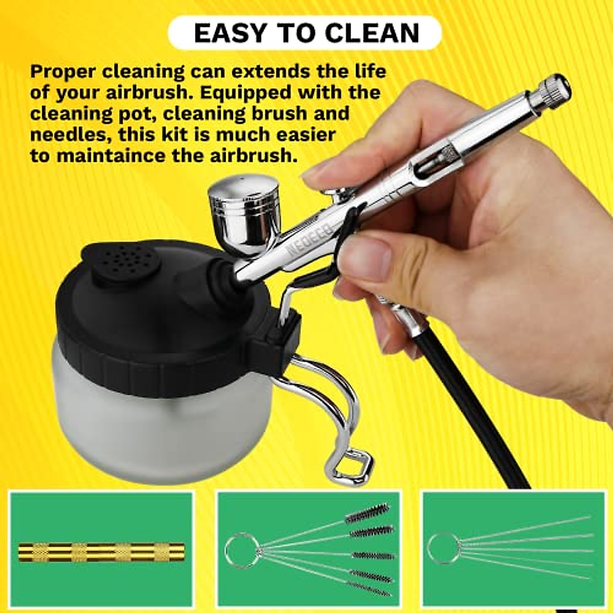 NEOECO Upgraded 30PSI Airbrush Kit, Multi-Function Action Cutaway Handle Airbrush Set with Compressor Cleaning Pot for Make up,Art Painting,Cake,Manicure, Spray Model (Airbrush kit with Cleaning Pot)