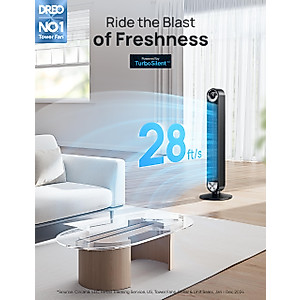 Dreo Tower Fan for Bedroom, 42 Inch Bladeless Fan, 90° Oscillating Fan, Quiet Floor Fan with Remote, LED Display, 6 Speeds 4 Modes, 12H Timer, Standing Fans for Home Living Room Office, Cruiser Pro T2