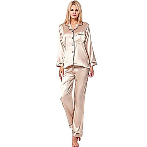 SWOMOG Womens Silk Satin Pajamas Long Sleeve Loungewear Two-piece Sleepwear Button-Down Pj Set Champagne
