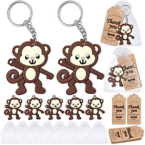 Elecrainbow 60 Pack Monkey Party Favors Include 20 Keychains + 20 Thank You Tags + 20 Goodie Bags for Monkey Lover, Birthday Return Gift, Safari Jungle Zoo Animal Party, Baby shower, Wild One Party