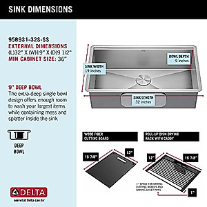 DELTA Rivet 32-Inch Workstation Kitchen Sink Undermount 16 Gauge Stainless Steel Single Bowl with WorkFlow Ledge and Chef’s Kit of 6 Accessories, 95B931-32S-SS