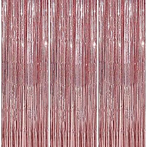 Crosize 3 Pack 3.3 x 9.9 ft Rose Gold Foil Fringe Backdrop Curtain, Streamer Backdrop Curtains, Birthday Party Decoration, Rose Gold Tinsel Curtain for Parties, Galentines Decor, Baby Shower