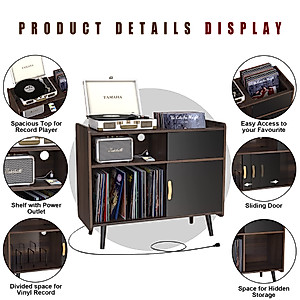 GDLF Large Record Player Stand, Vinyl Record Storage Cabinet with Power Outlet, Record Player Table Holds up to 350 Albums, Turntable Stand with Wood Legs for Living Room,Bedroom,Office