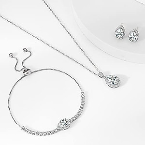 DHQH Cubic Zirconia Teardrop Necklace and Earring Set for Wedding with Crystal Link Bracelet Bridesmaids Jewelry Sets for Women Wedding Party Jewelry for Bridal Bridesmaid