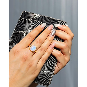 YoTreasure Rainbow Moonstone 925 Sterling Silver Gold Plated Solitaire Ring Jewelry