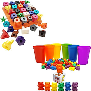 Skoolzy Stacking Toddler Peg Board 38 Piece Set and Rainbow Sorting Bears with Matching Cups 69 Piece Set Montessori Occupational Therapy Toddler Toys Kit with Storage Bags and eBook