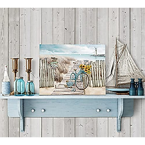 LAIART Beach Canvas Wall Art for Bathroom With Fence Wooden Path Bike Decor Lighthouse Print Pictures Artwork (11"x15")