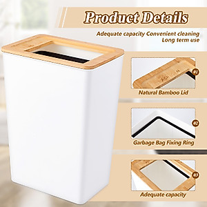 Suclain 2 Pcs Slim Trash Can 2.3 Gal, Small Wastebasket with Semi Open Bamboo Lid Plastic Waste Basket Rectangular Garbage Container Bin Trashcan for Bathroom Bedroom Kitchen Office Living Room Home